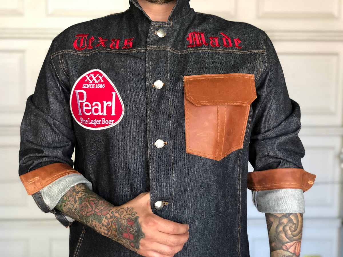 "Texas Made" denim and cognac leather jacket – denimjacketstore.com